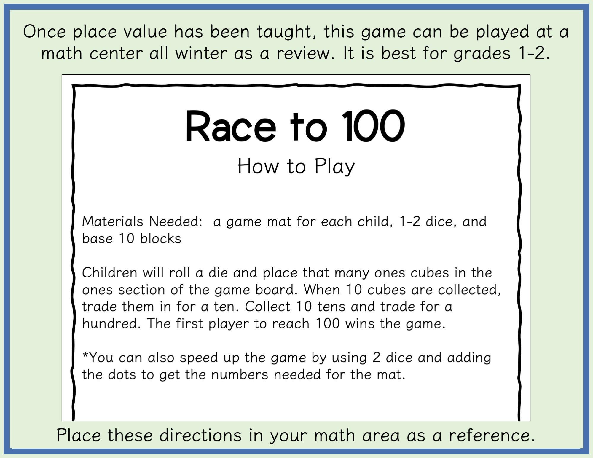 Winter Race to 100 Place Value Game for First or Second Grade January ...