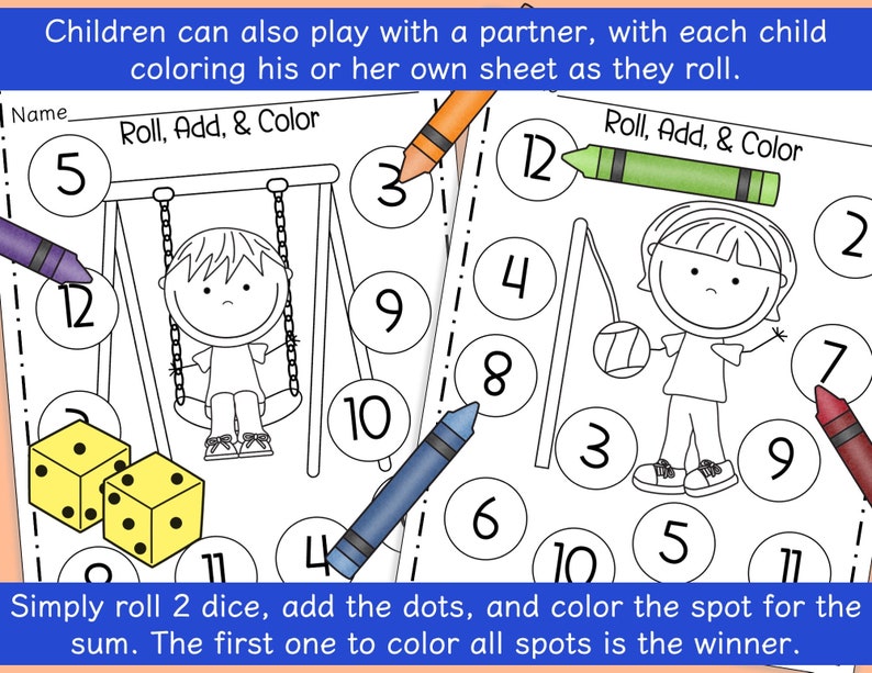 Roll, Add, and Color Math Dice Game/math Centers/grade 1 Math/fast ...