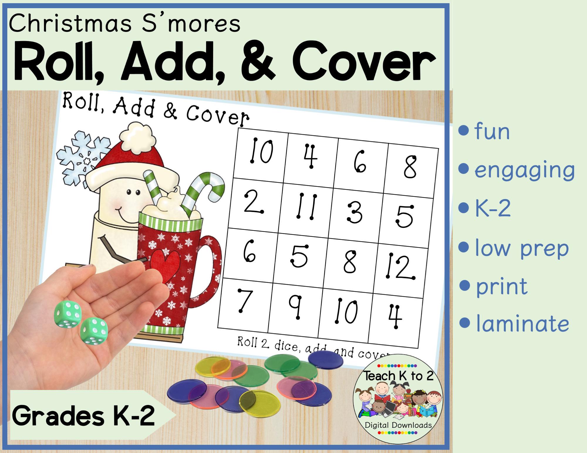 Roll, Add, and Cover Christmas Math Dice Game Kindergarten, First, or ...