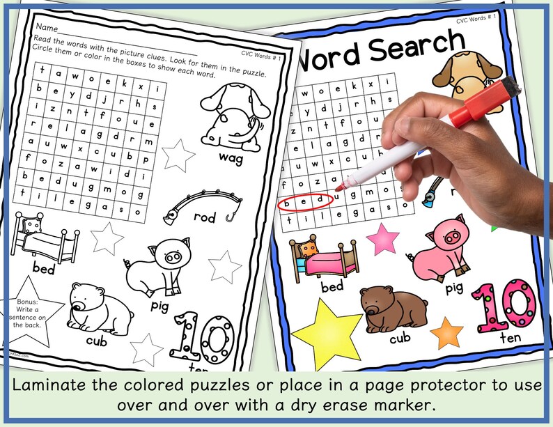 CVC Word Search Puzzles for Grade 1 Literacy Centers/first Grade ...