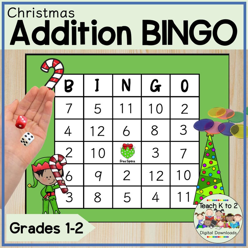 Christmas Addition BINGO With Dice for First or Second Grade Holiday ...