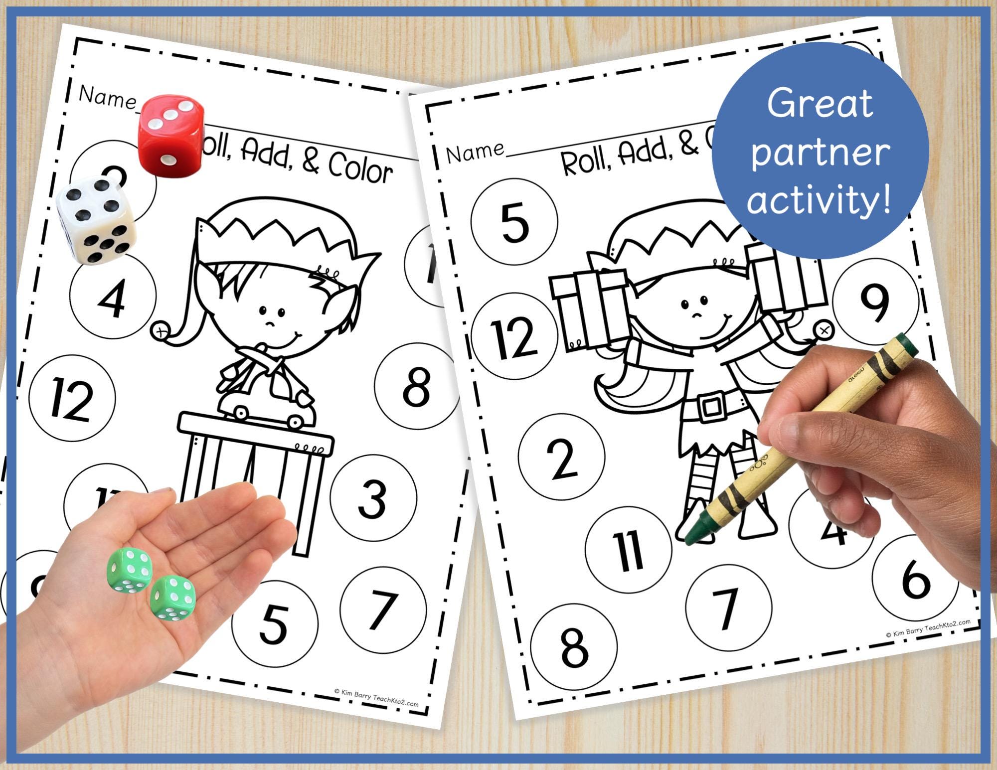 Roll, Add, and Color Christmas Math Dice Game for Kindergarten, First ...
