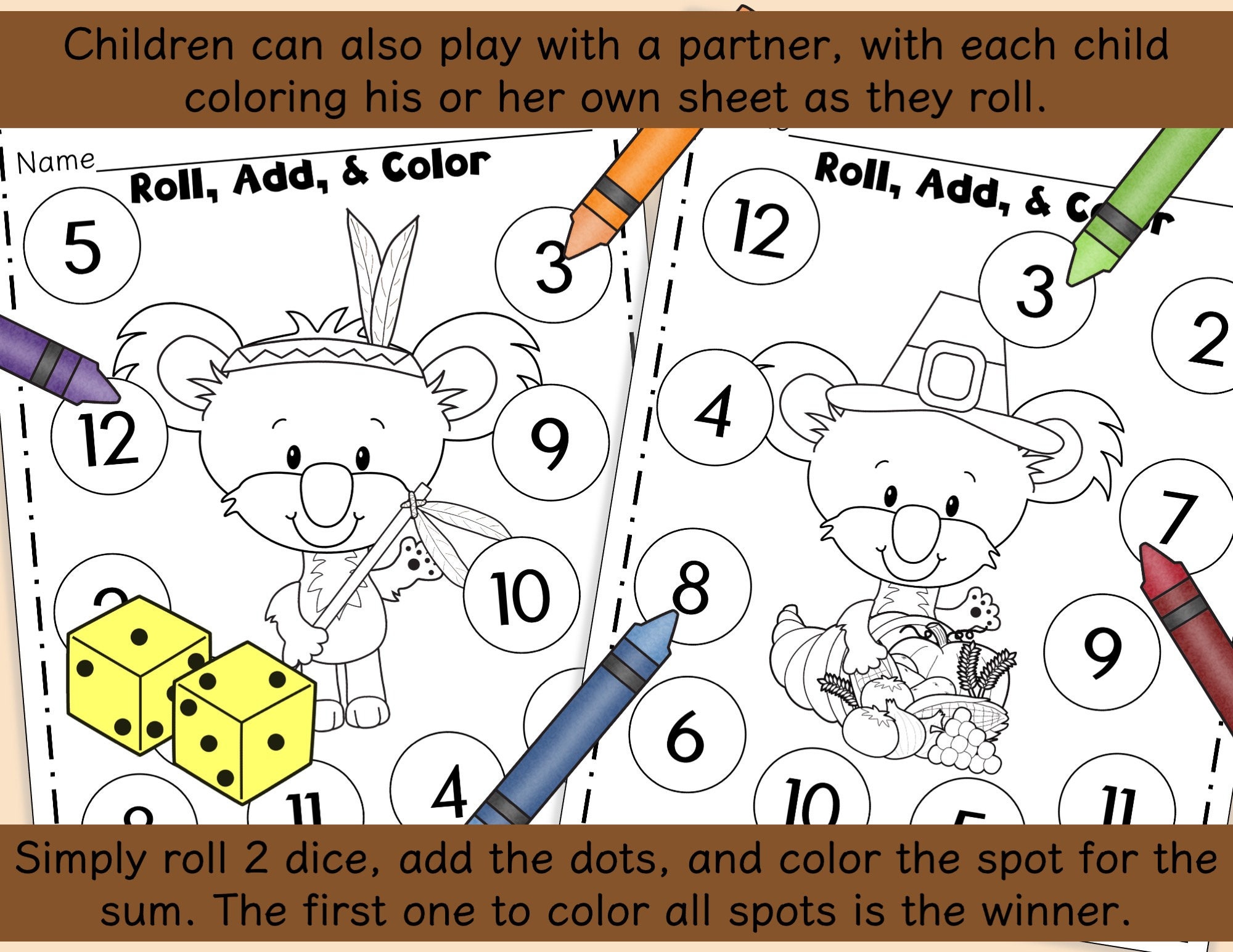 Roll Add and Color Math Dice Game/math (Instant Download) - Etsy