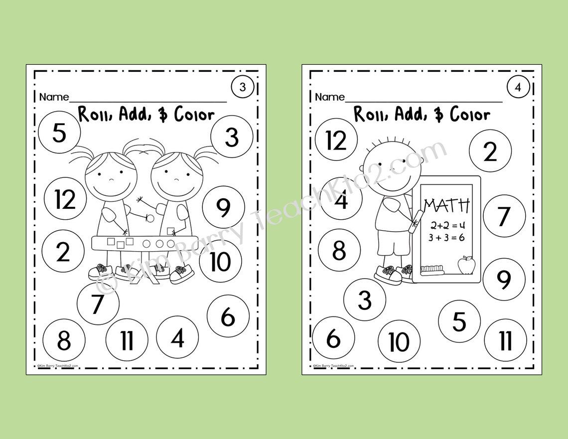 Roll Add and Color Math Dice Game/math Centers/grade 1 - Etsy