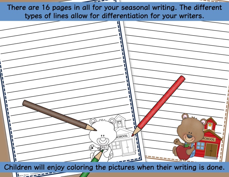 School Bear Themed Primary Lined Writing Paper for Grades K-2 Back to ...