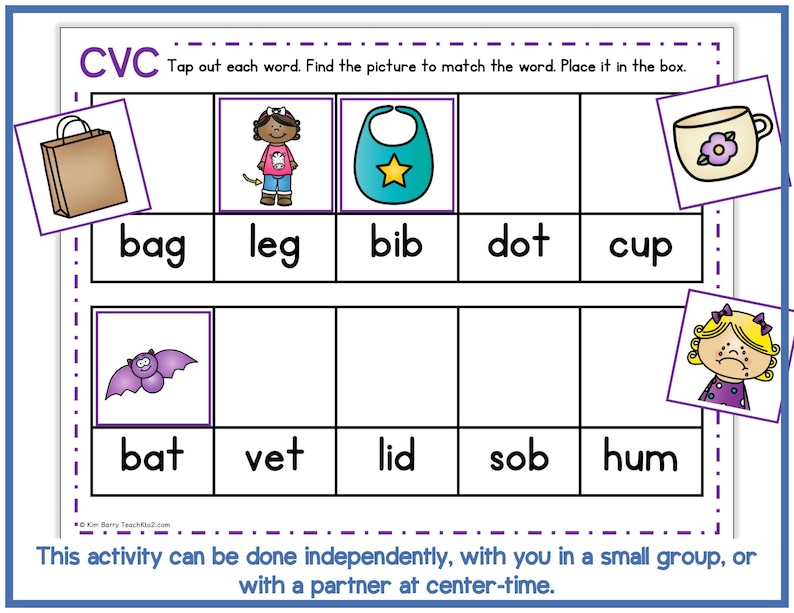 CVC Decoding and Picture Matching Word Mats for Grades K-1 Literacy ...
