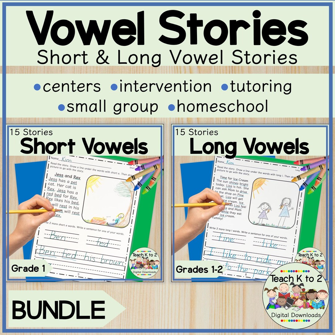 Long and Short Vowel Stories Bundle of Worksheets for First and Second ...