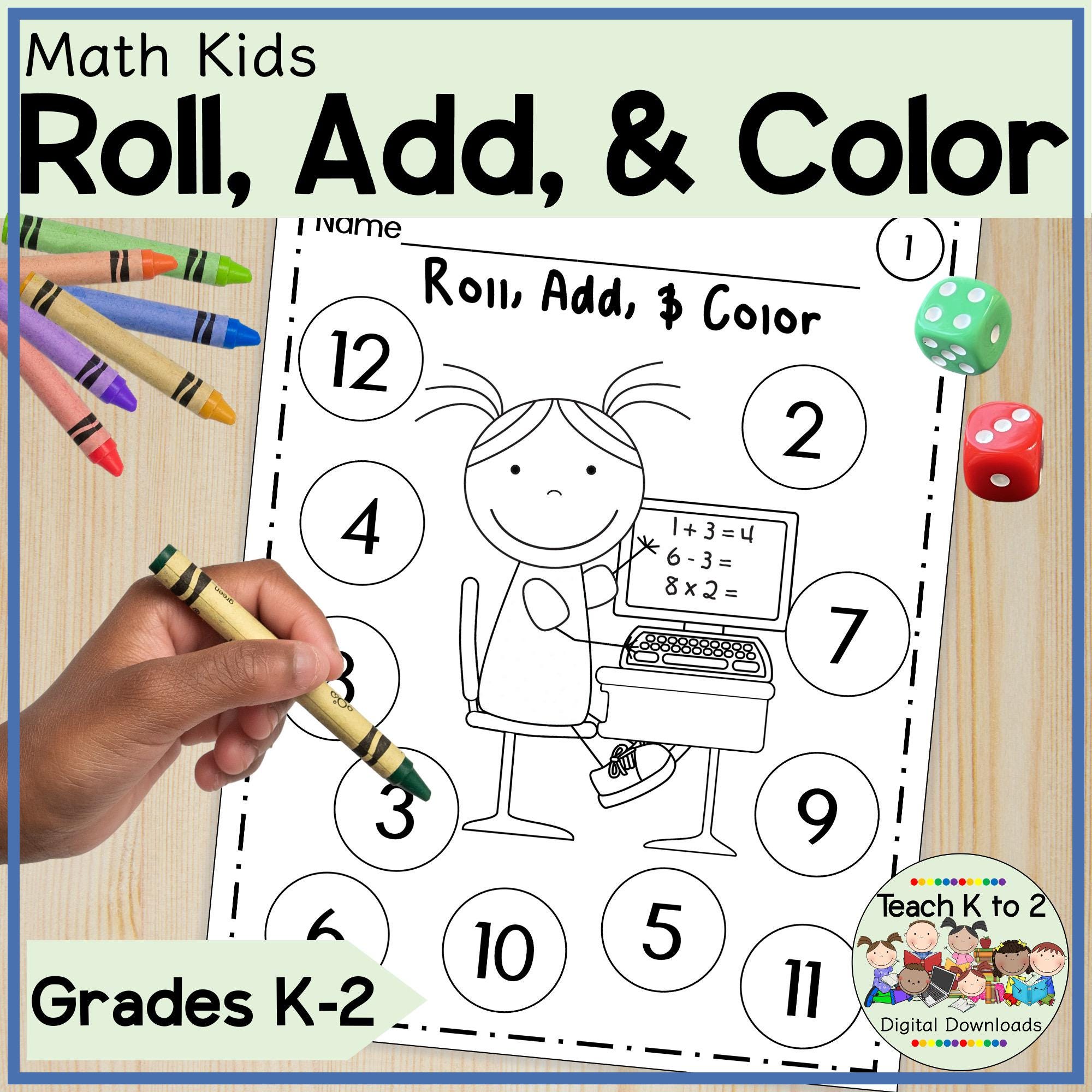 Roll, Add, and Color Math Dice Game/math Centers/grade 1 Math/fast ...