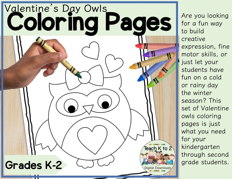 Valentine Owls Coloring Pages for Kindergarten, First, or Second Grade ...