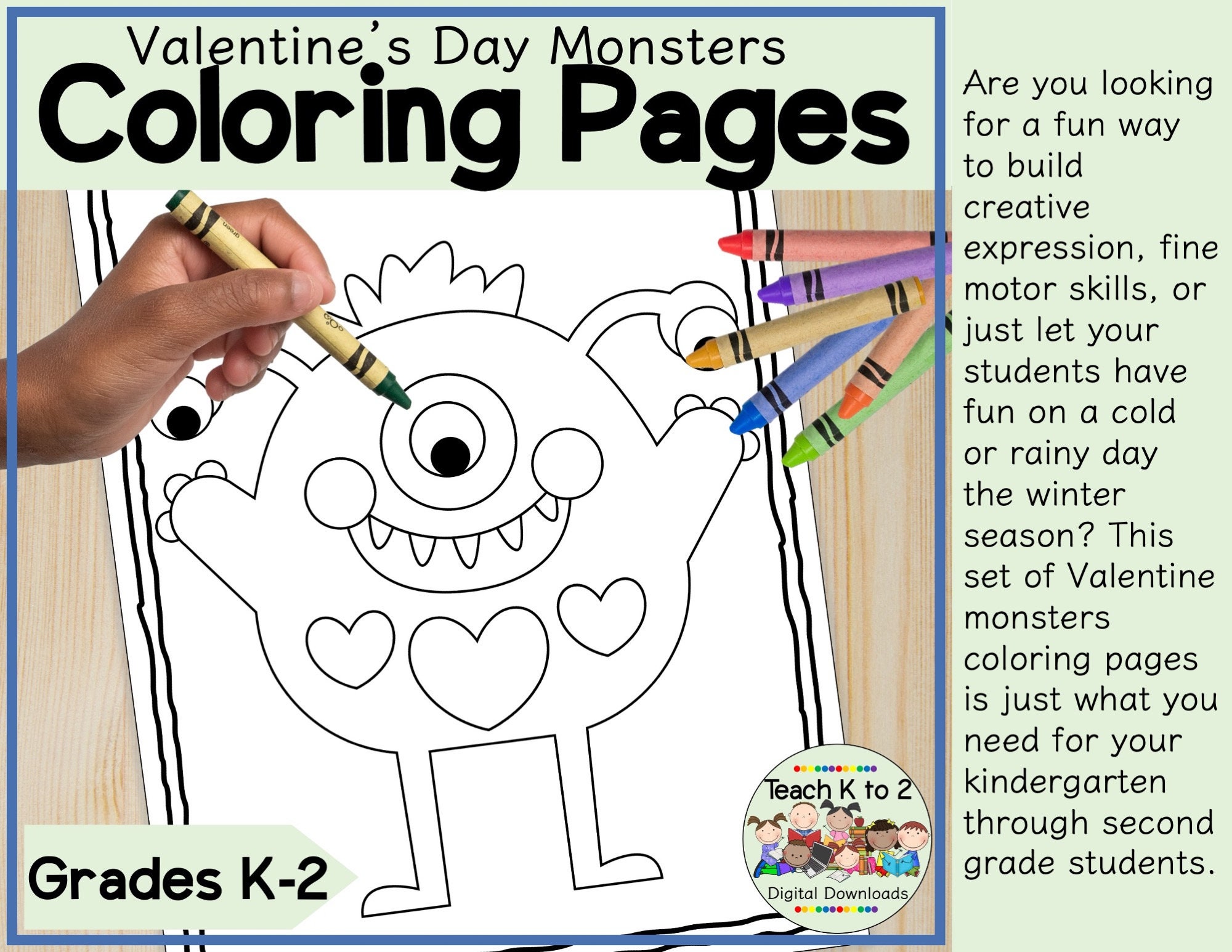 Valentine's Day Monsters Coloring Pages for Kids Grades K-2 Winter ...