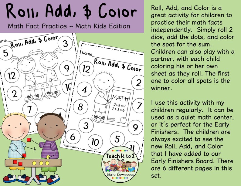 Roll Add and Color Math Dice Game/math Centers/grade 1 - Etsy