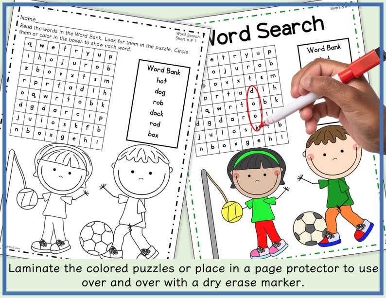 Short O Word Search Puzzles for Grade 1 Literacy Centers/short Vowels ...