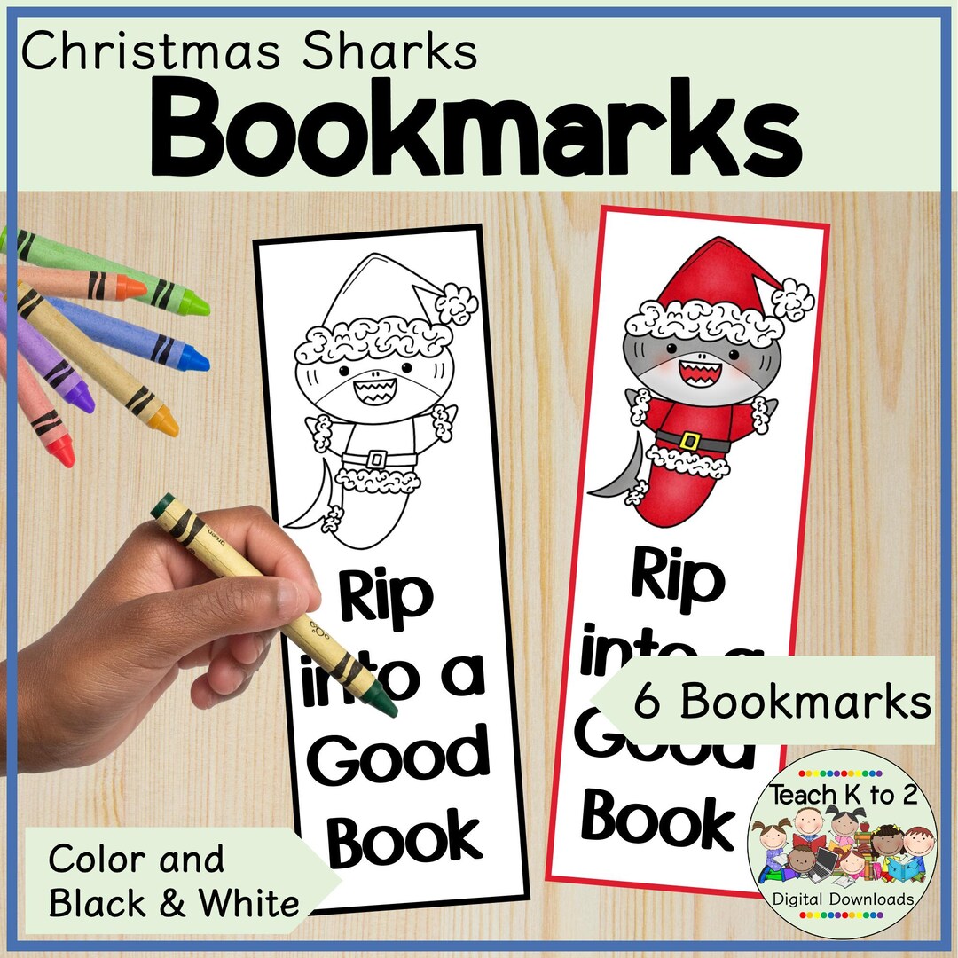 Christmas Sharks Bookmarks for Kindergarten, First, or Second Grade ...