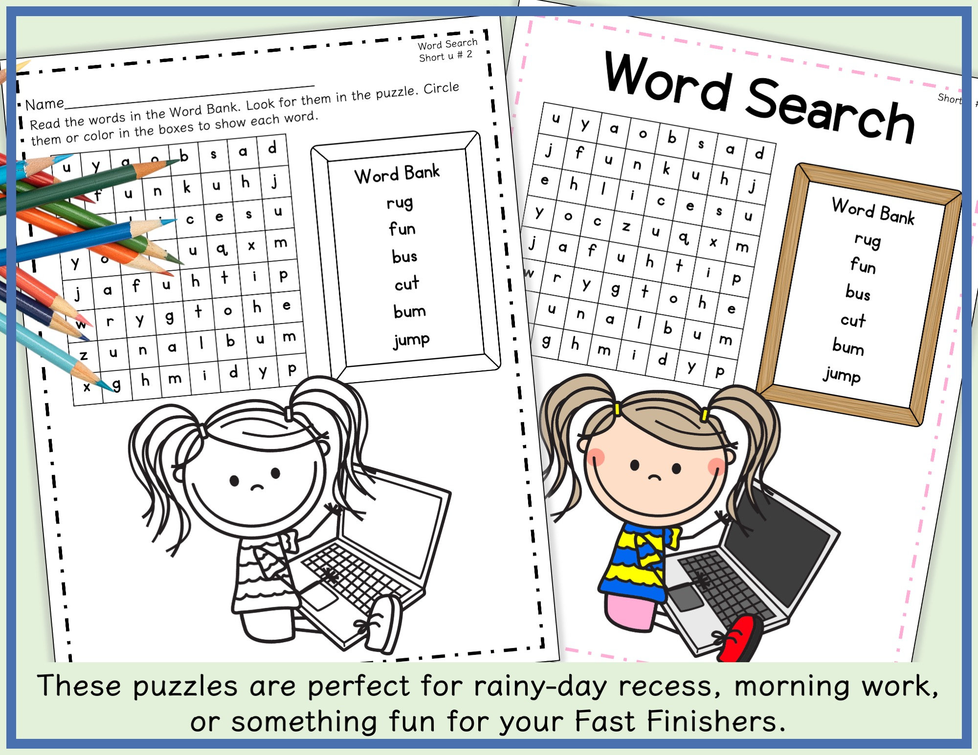 Short Vowel U Word Search Puzzles for Grade 1 Literacy Centers/phonics ...