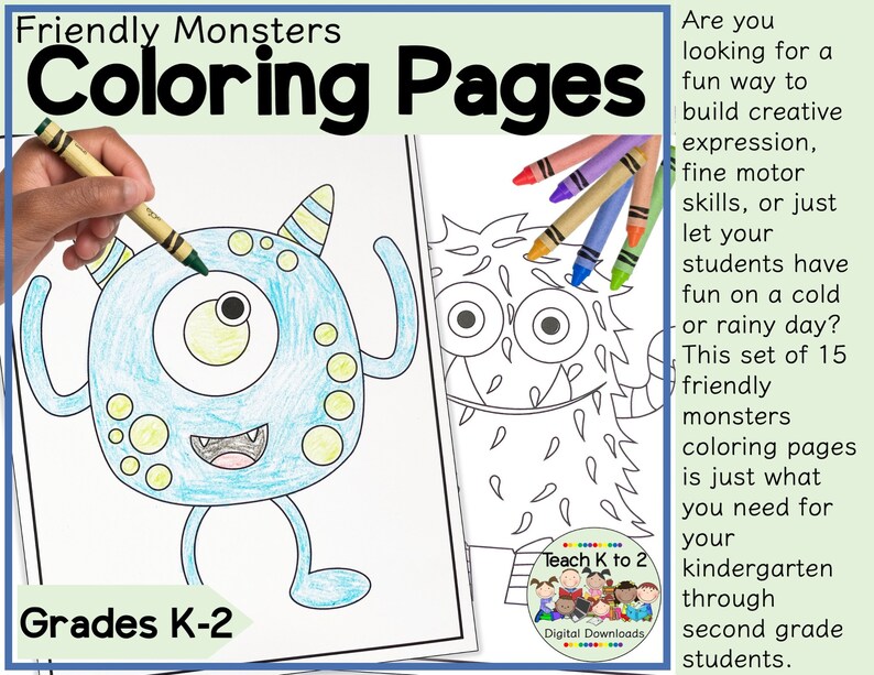 Fun Monsters\ Coloring Pages for Kindergarten, First, or Second Grade ...