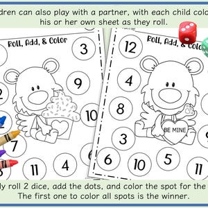 Roll, Add, and Color Valentine's Day Math Dice Game for Kindergarten ...