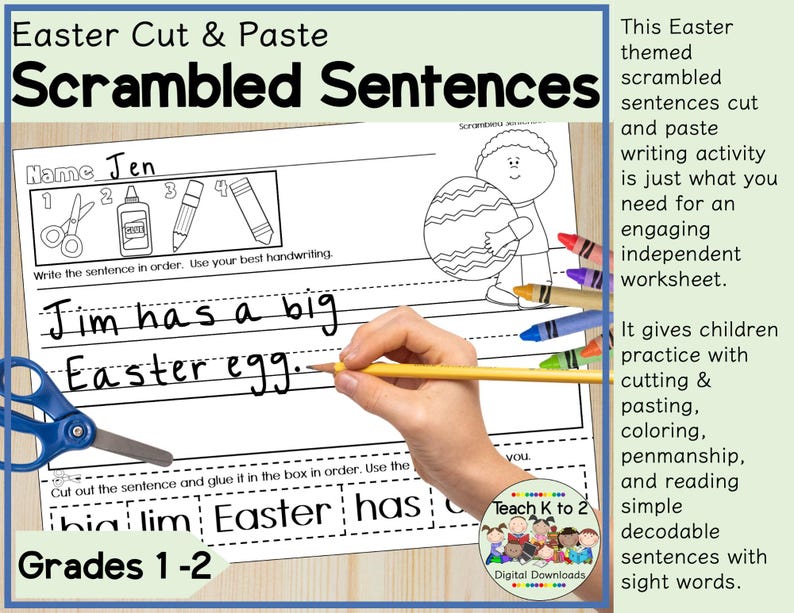 Easter Scrambled Sentences Cut and Paste Writing Activity for First ...