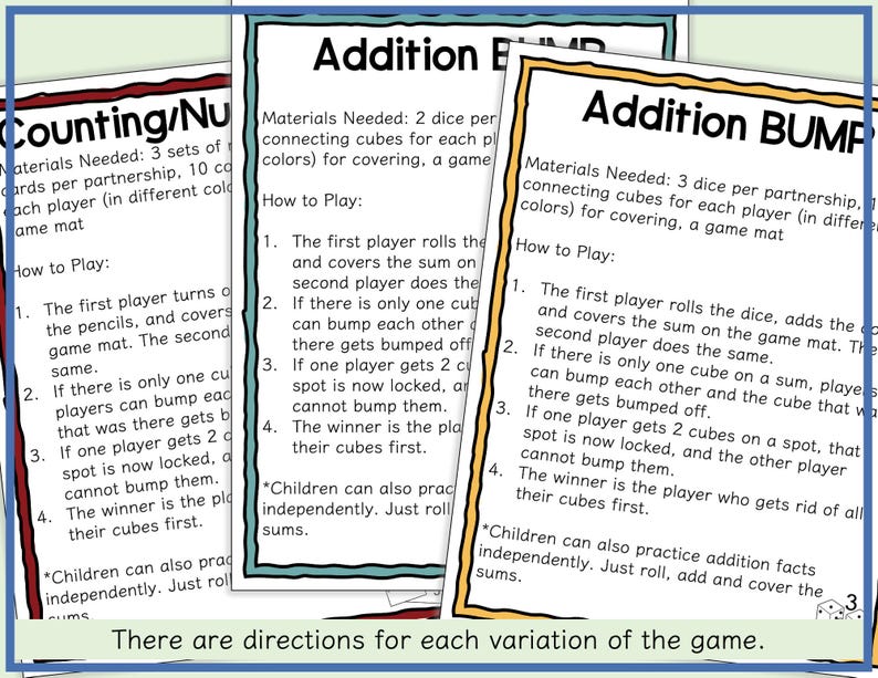 BUMP Math Games for Number ID and Addition to 12 or 18 Differentiated ...