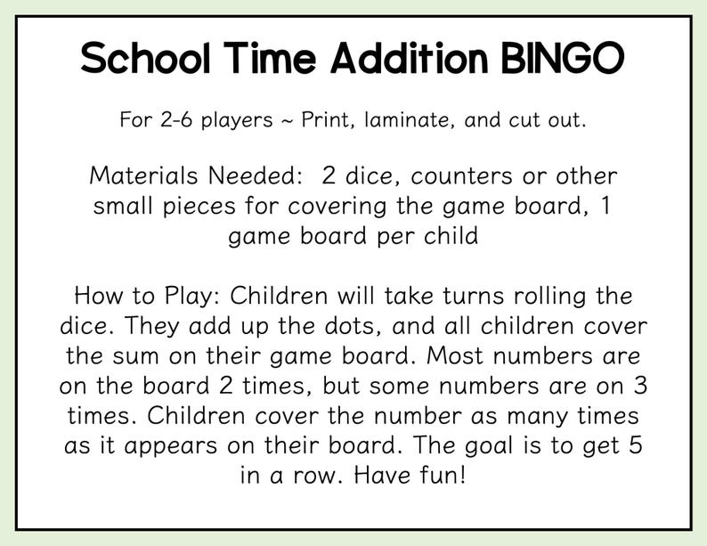 Back to School Addition BINGO With Dice for First or Second Grade ...