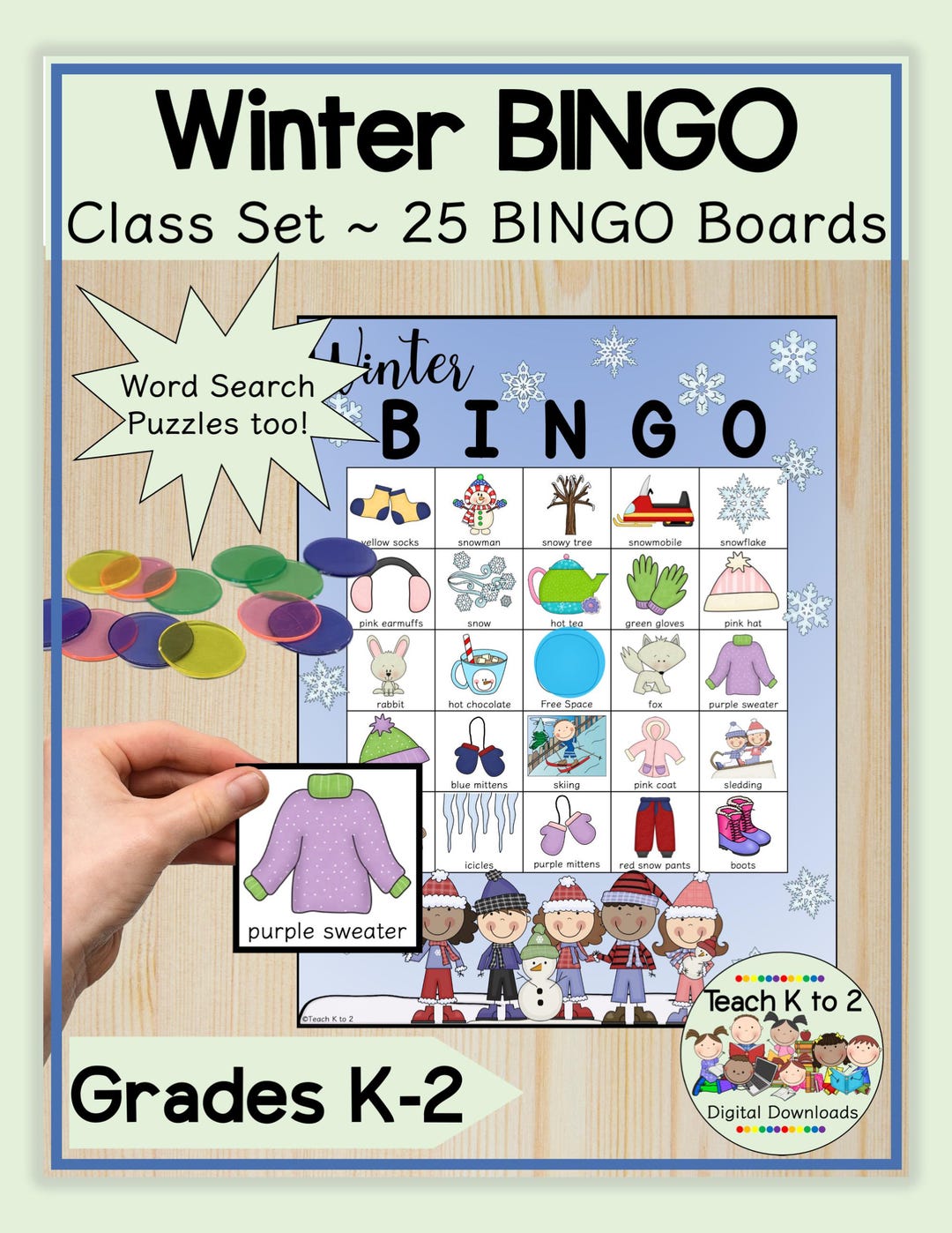 Printable PDF Winter BINGO Boards Class Set With Word Search Puzzles ...