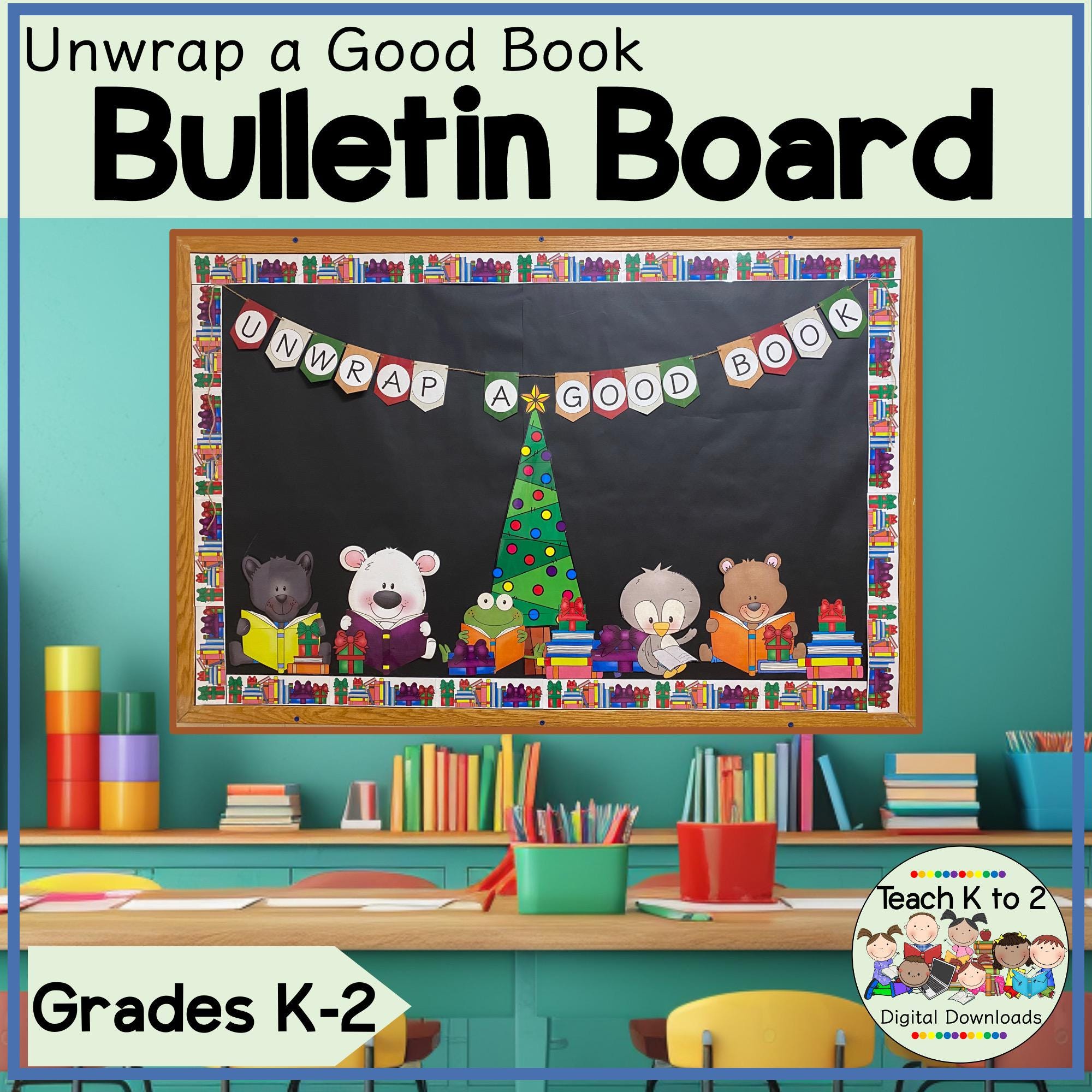 Christmas Animals Bulletin Board Set/unwrap a Good Bookholiday Decor ...