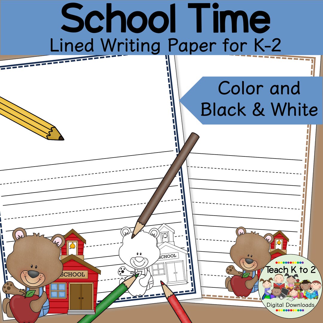School Bear Themed Primary Lined Writing Paper for Grades K-2 Back to ...