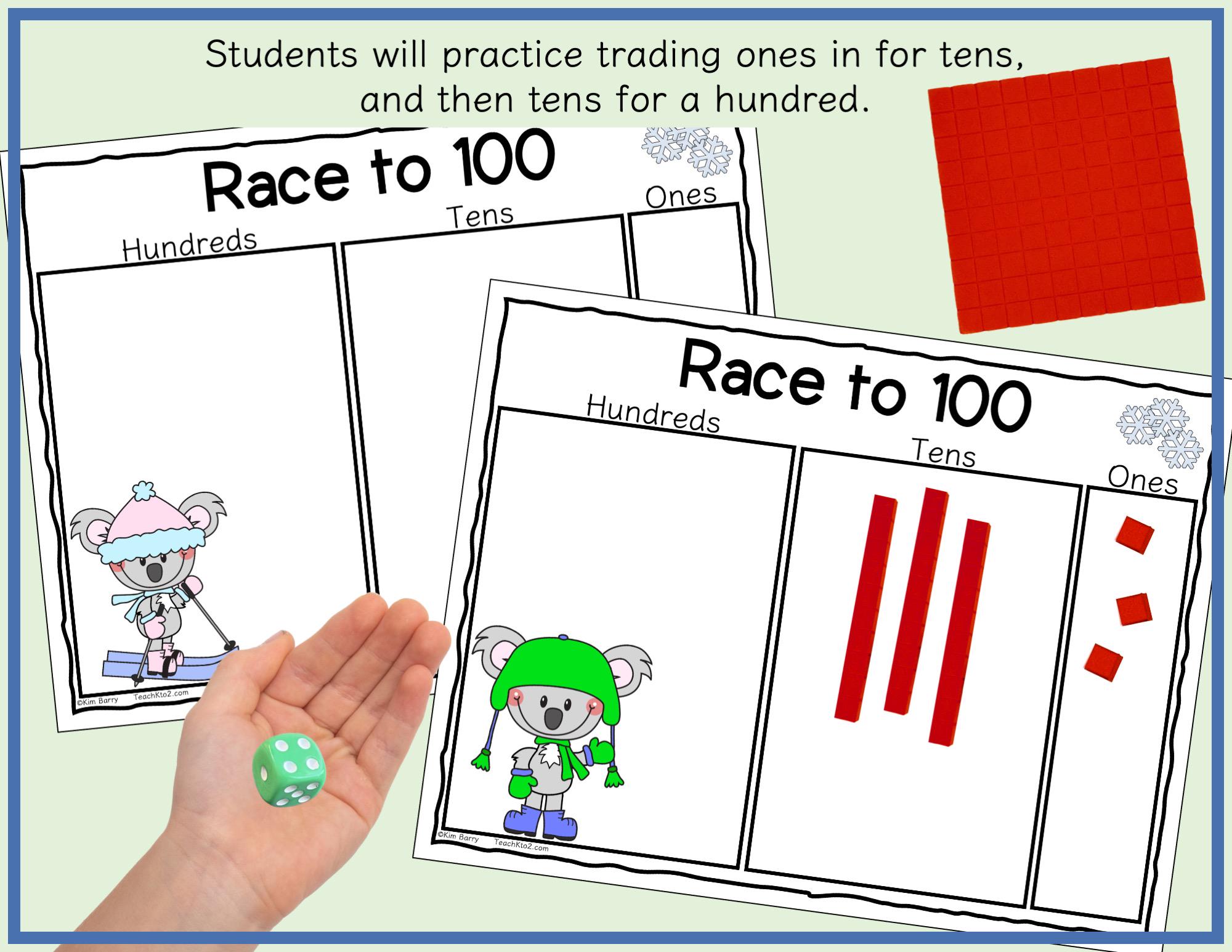 Winter Race to 100 Place Value Game for First or Second Grade January ...