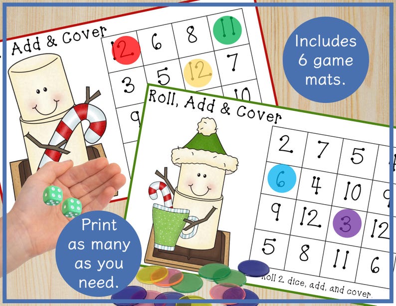Roll, Add, and Cover Christmas Math Dice Game Kindergarten, First, or ...