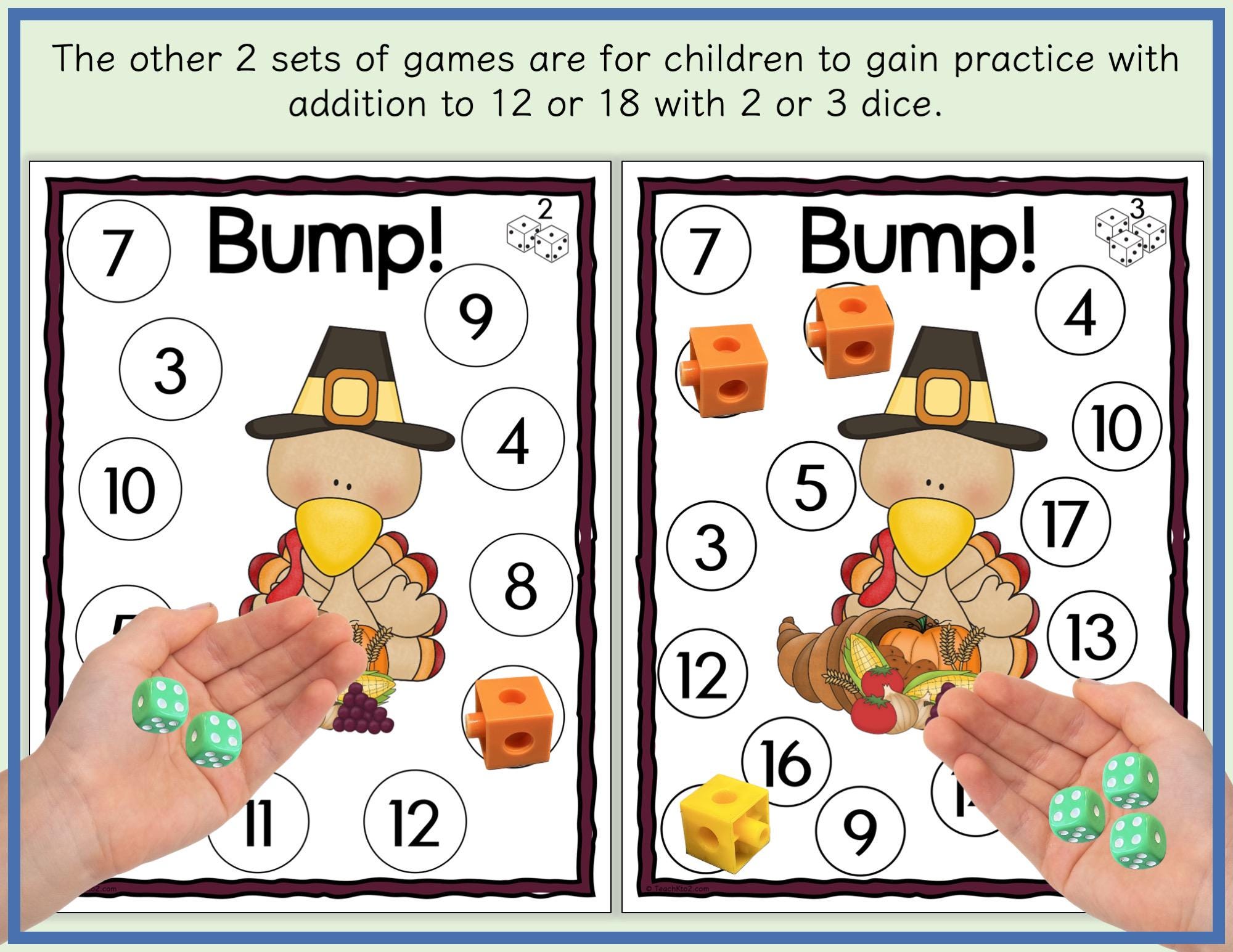 BUMP Math Games for Number ID and Addition to 12 or 18 Differentiated ...