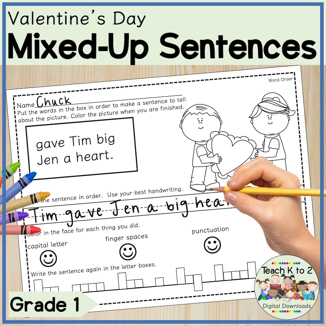 Valentine's Day Scrambled Sentences Worksheets | First Grade Word Order ...