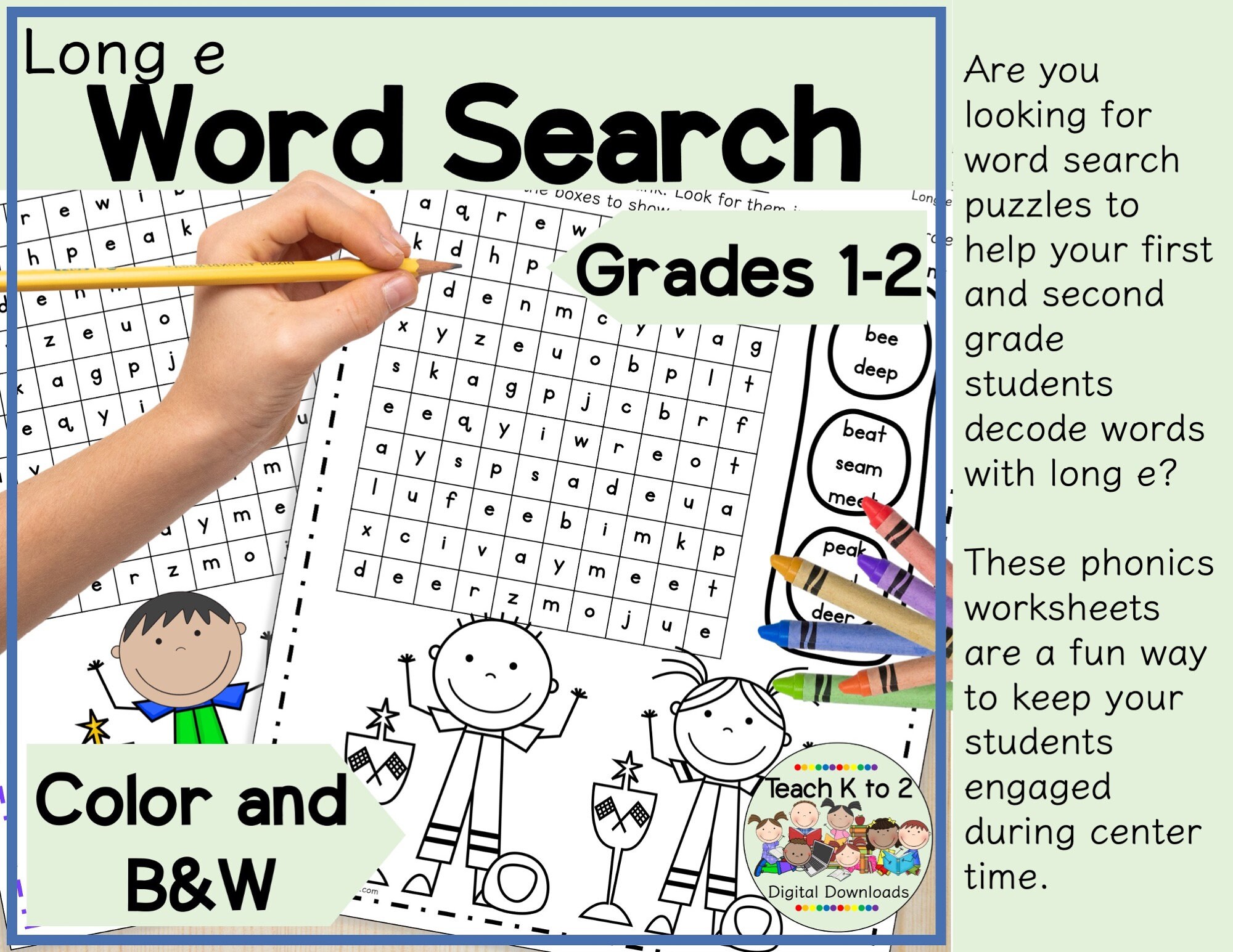Long E Word Search Puzzles for Grade 1 Literacy Centers/first Grade ...