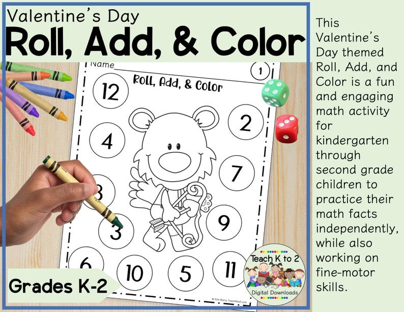 Roll, Add, and Color Valentine's Day Math Dice Game for Kindergarten ...