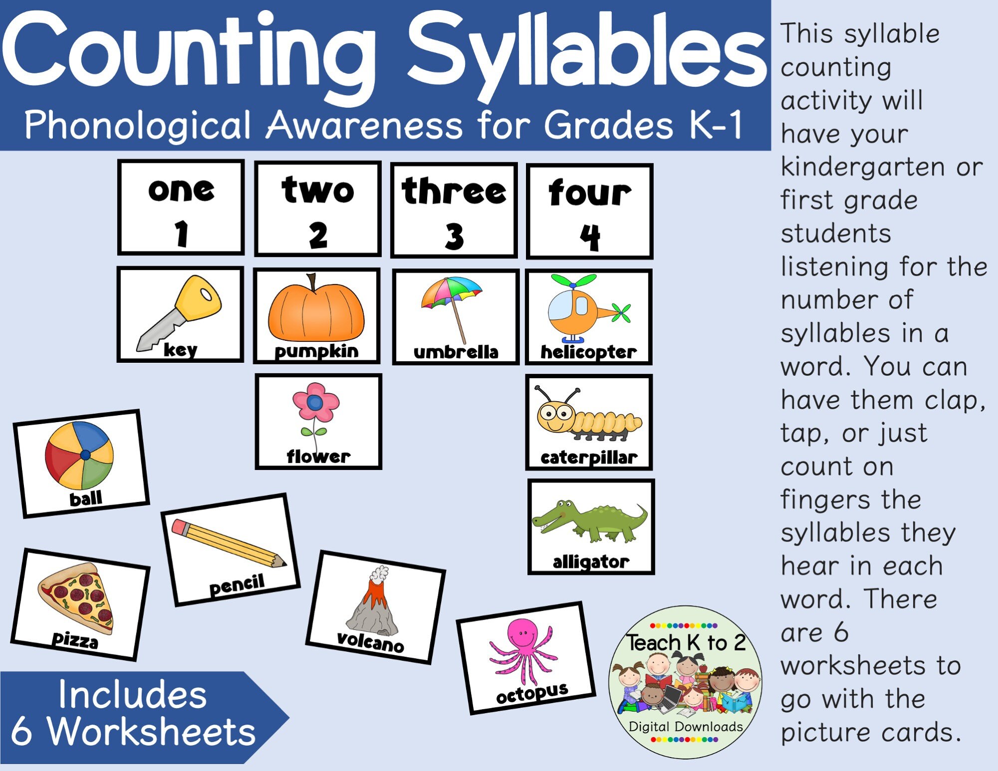 Counting Syllables Activity and Worksheets for Grades K-1/literacy ...