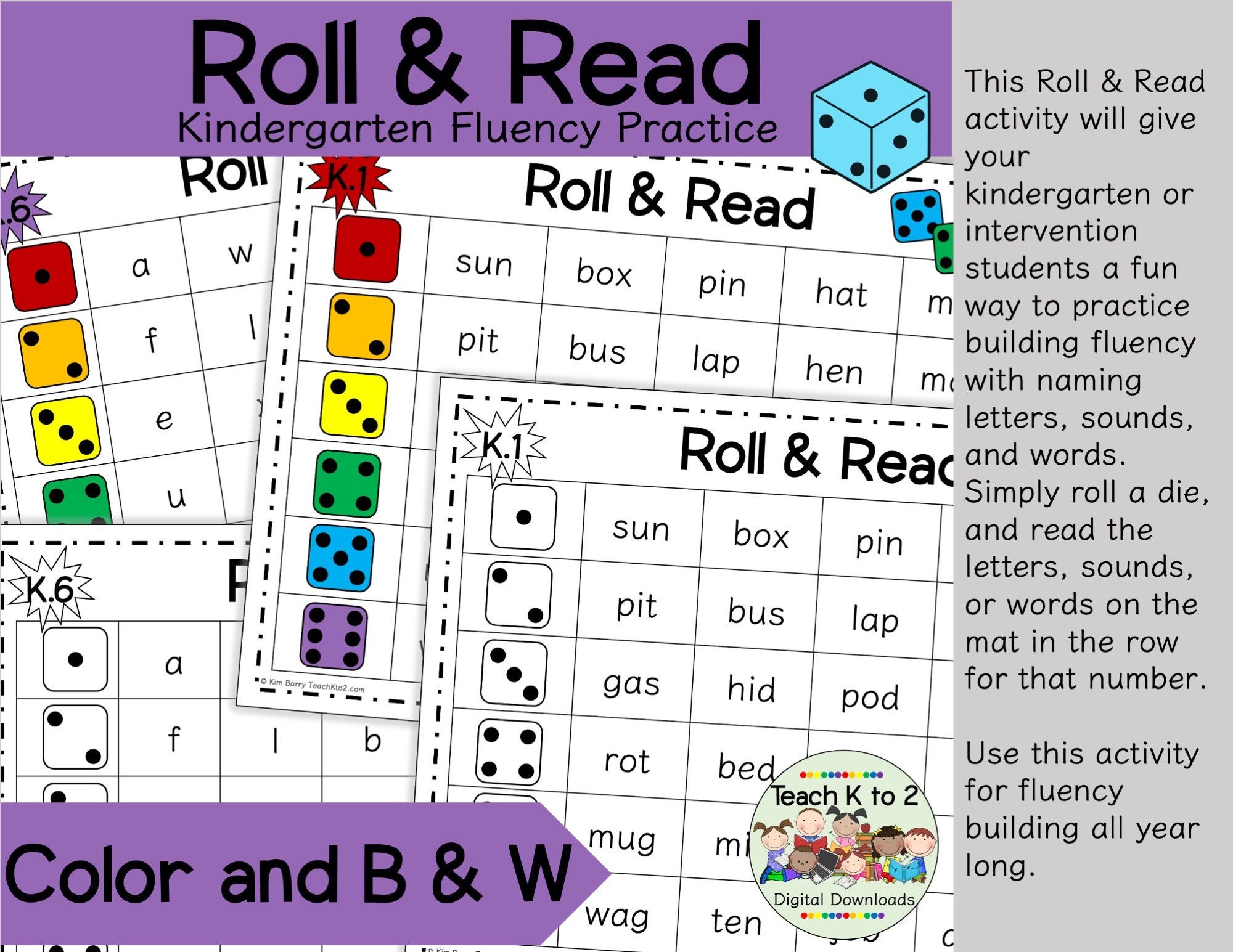 Roll and Read Kindergarten Fluency/letters/sounds/words/decoding Small ...