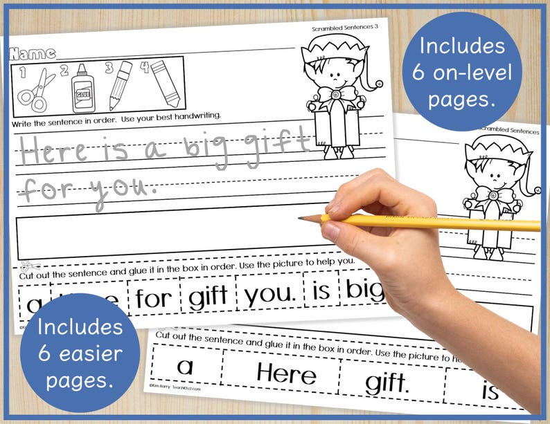 Christmas Scrambled Sentences Cut and Paste Writing Activity for First ...