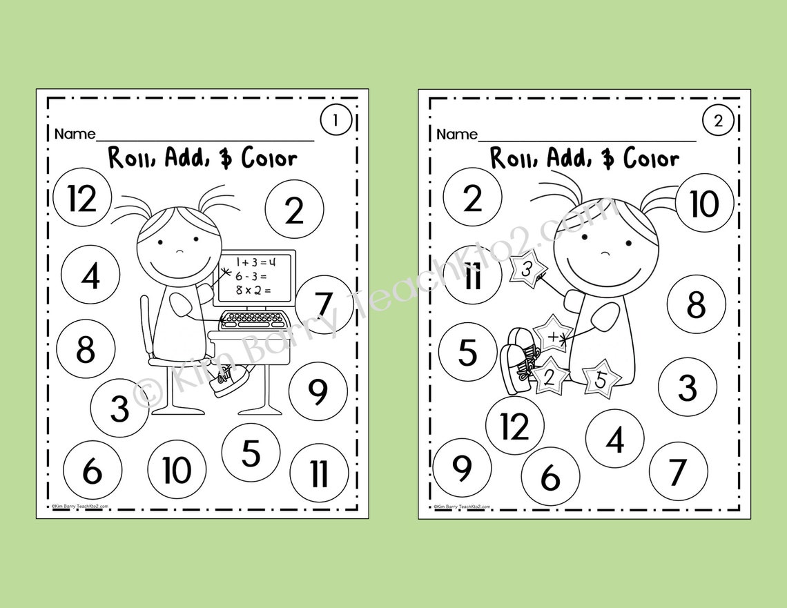 Roll Add and Color Math Dice Game/math Centers/grade 1 - Etsy