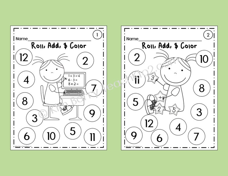 Roll Add and Color Math Dice Game/math Centers/grade 1 - Etsy