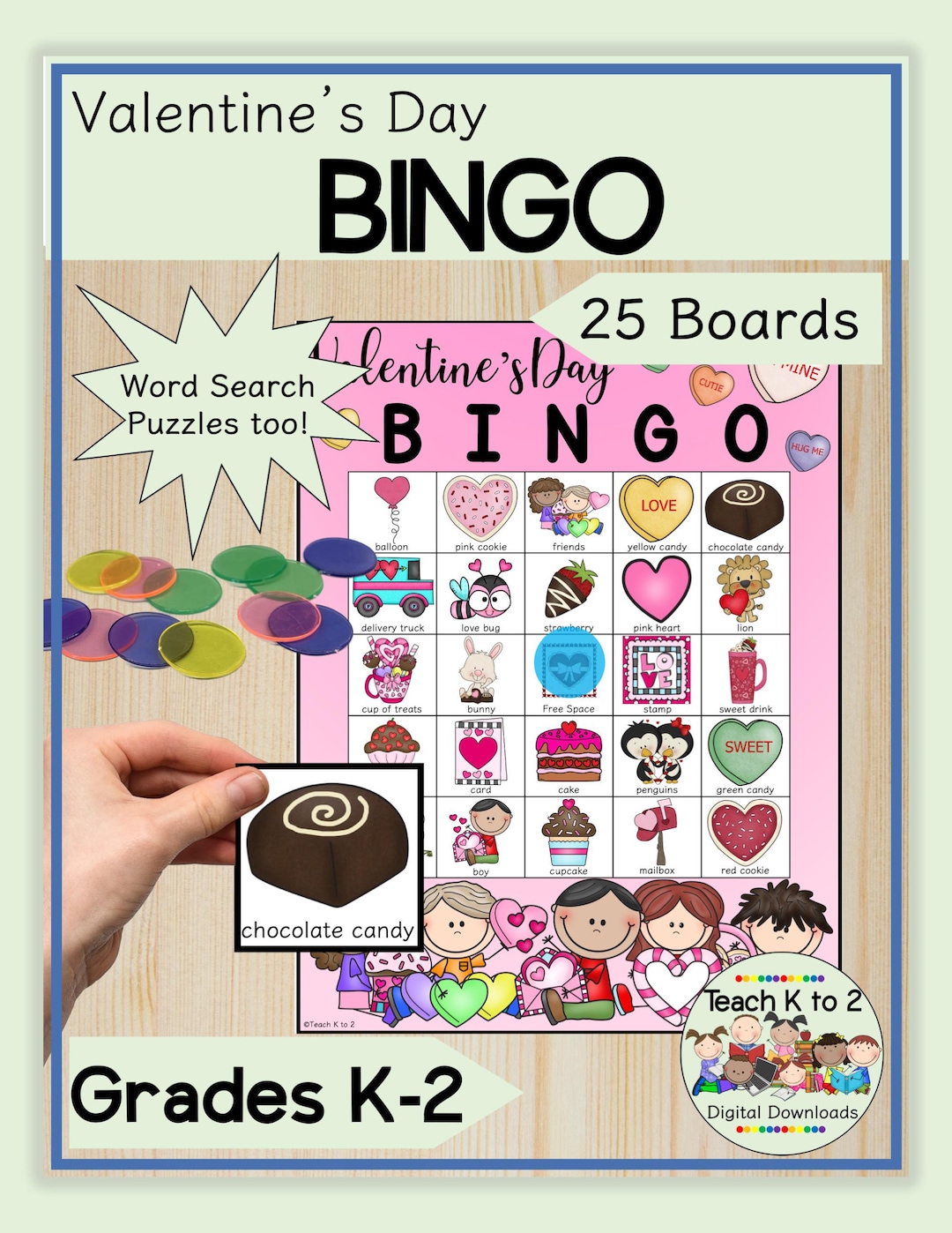 Printable PDF Valentine's Day BINGO Boards Class Set With Word Search ...