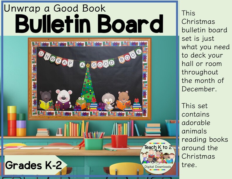 Christmas Animals Bulletin Board Set/unwrap a Good Bookholiday Decor ...