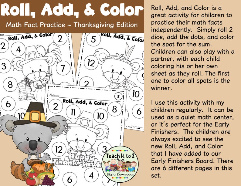 Roll Add and Color Math Dice Game/math Centers/grade 1 - Etsy
