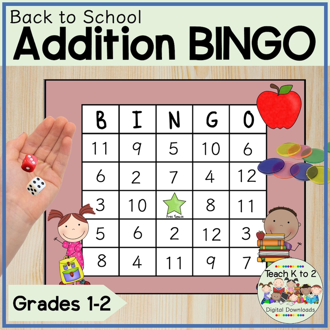 Back to School Addition BINGO With Dice for First or Second Grade ...