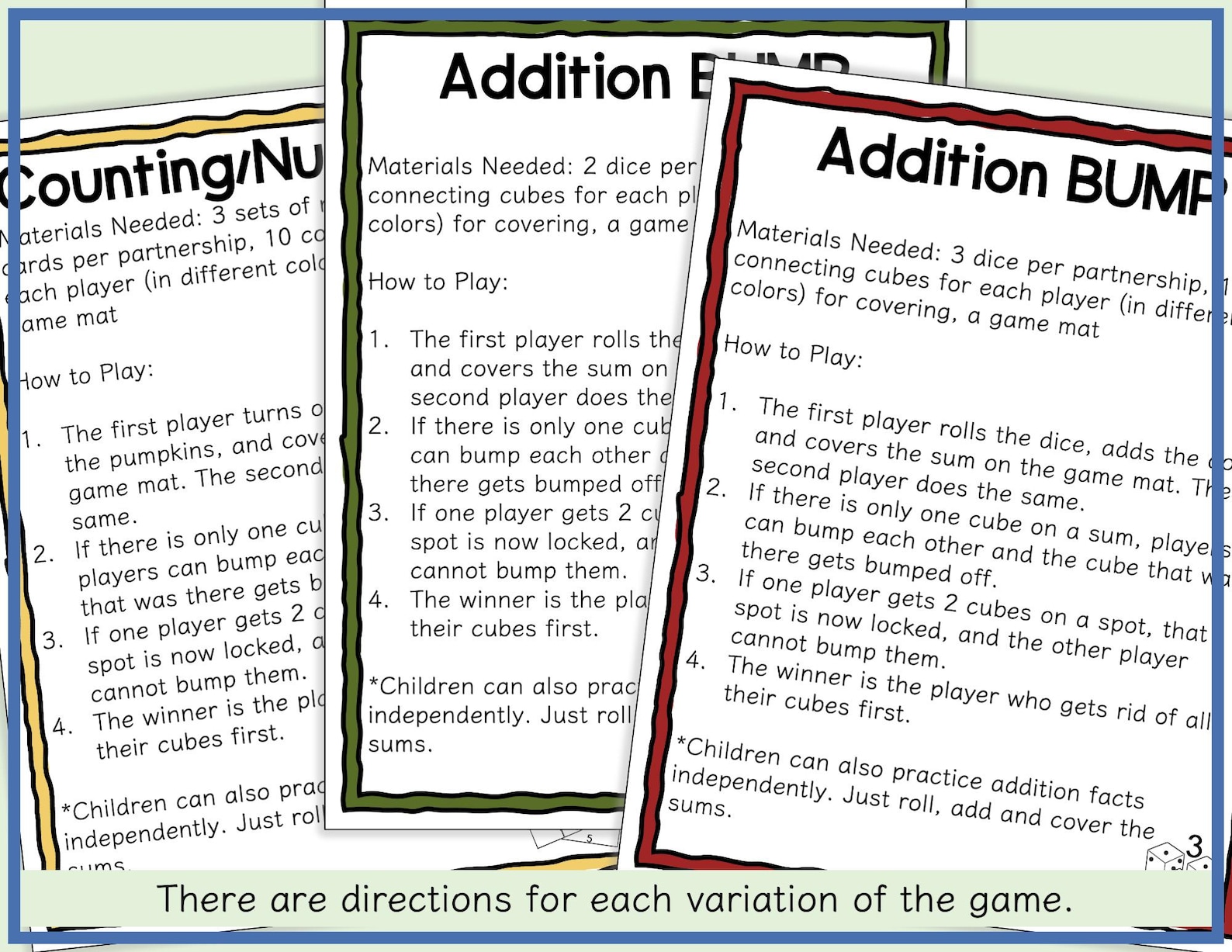 BUMP Math Games for Number ID and Addition to 12 or 18 Differentiated ...