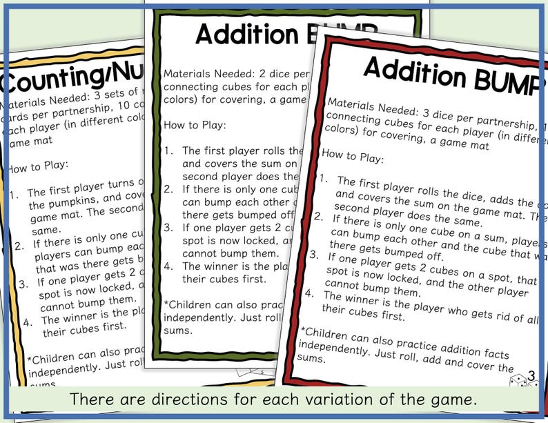 BUMP Math Games for Number ID and Addition to 12 or 18 Differentiated ...