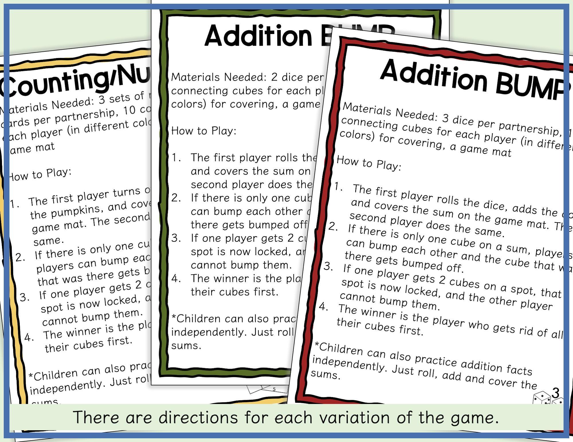 BUMP Math Games for Number ID and Addition to 12 or 18 Differentiated ...