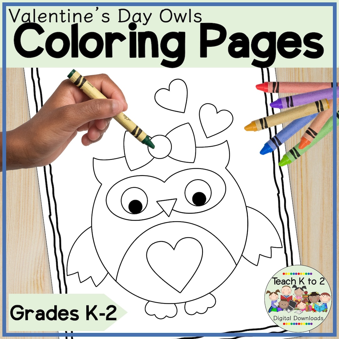 Valentine Owls Coloring Pages for Kindergarten, First, or Second Grade ...