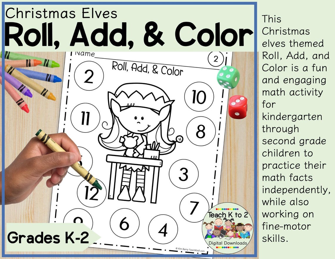 Roll, Add, and Color Christmas Math Dice Game for Kindergarten, First ...