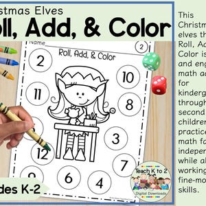 Roll, Add, and Color Christmas Math Dice Game for Kindergarten, First ...