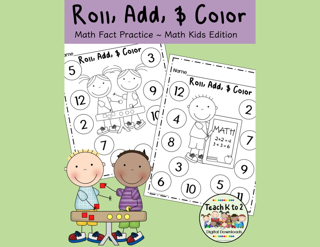 Roll Add and Color Math Dice Game/math Centers/grade 1 - Etsy