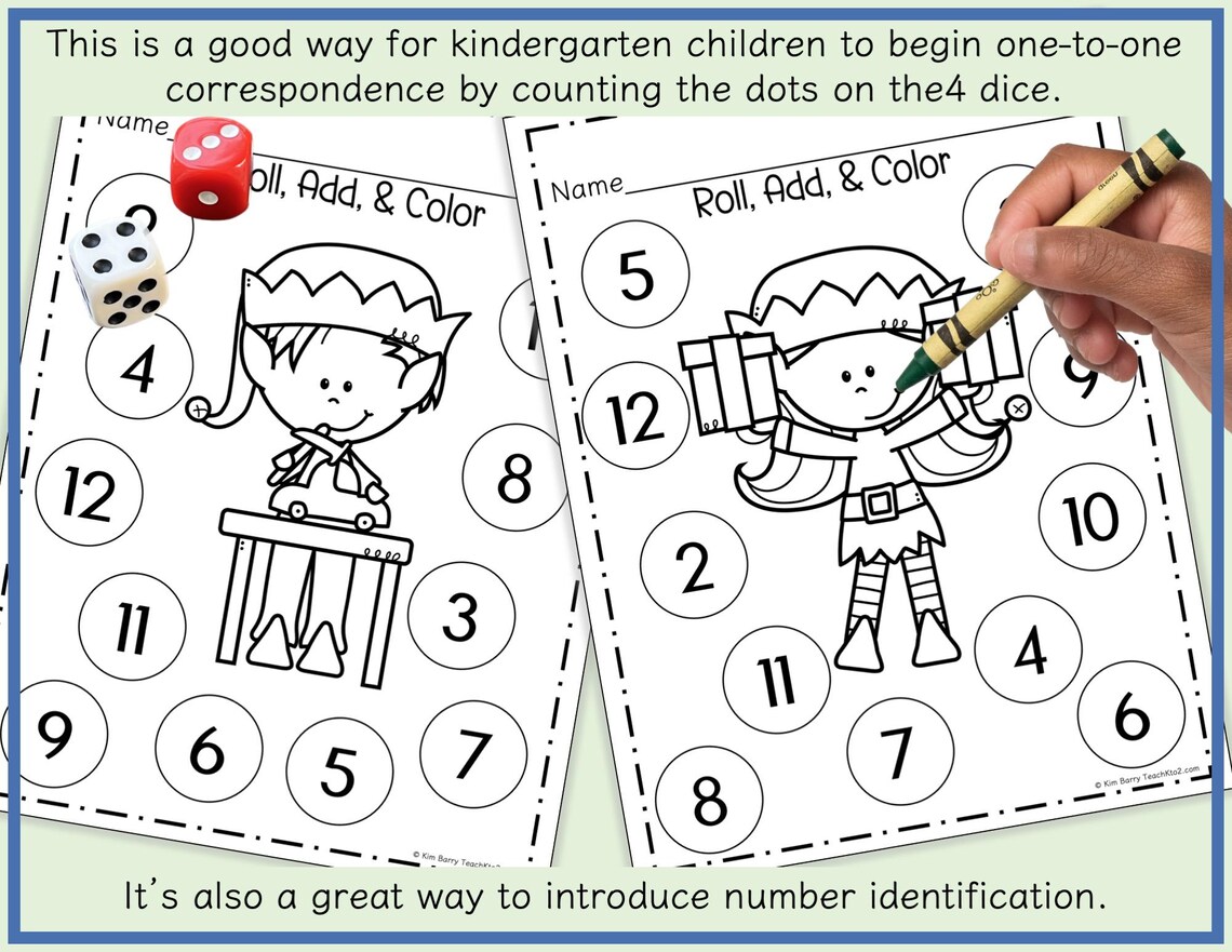 Roll, Add, and Color Christmas Math Dice Game for Kindergarten, First ...