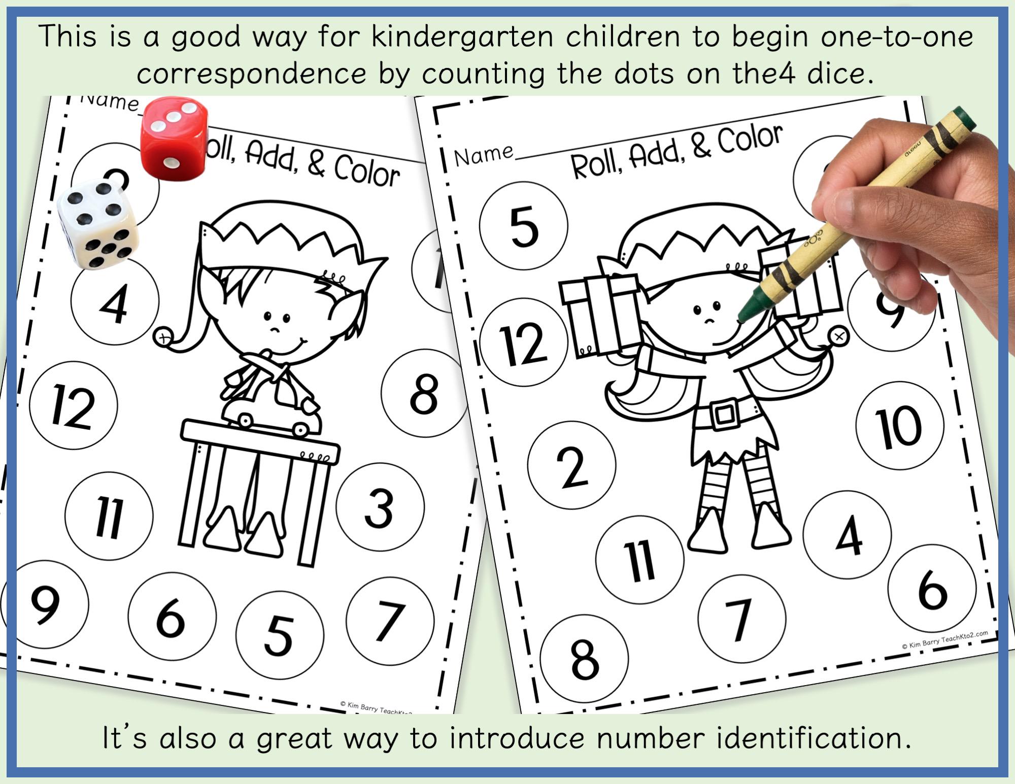 Roll, Add, and Color Christmas Math Dice Game for Kindergarten, First ...